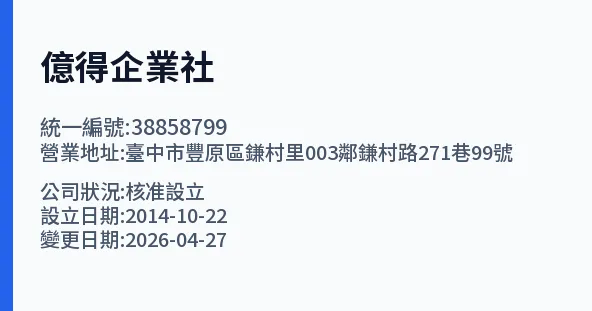 億得企業社的照片-統編 38858799(臺中市) 公司登記資料與營業項目詳細圖表