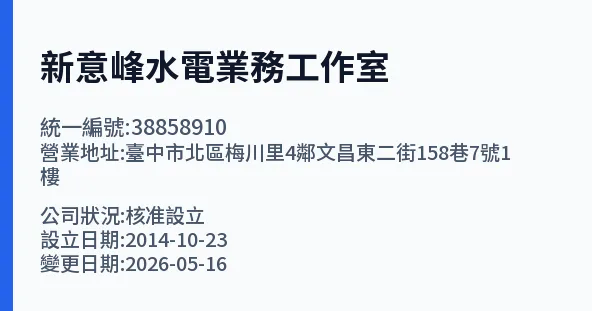 新意峰水電業務工作室的照片-統編 38858910(臺中市) 公司登記資料與營業項目詳細圖表