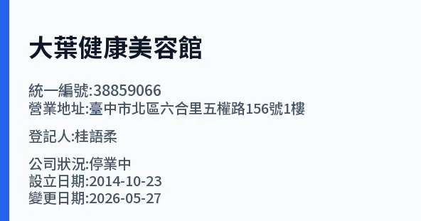 大葉健康美容館的照片-統編 38859066(臺中市) 公司登記資料與營業項目詳細圖表