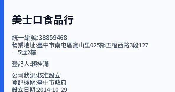 美士口食品行的照片-統編 38859468(臺中市) 公司登記資料與營業項目詳細圖表