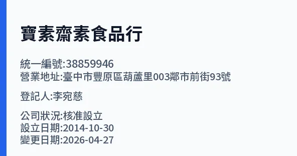 寶素齋素食品行的照片-統編 38859946(臺中市) 公司登記資料與營業項目詳細圖表