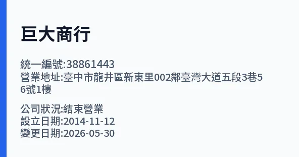 巨大商行的照片-統編 38861443(臺中市) 公司登記資料與營業項目詳細圖表