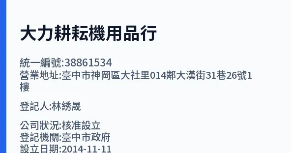 大力耕耘機用品行的照片-統編 38861534(臺中市) 公司登記資料與營業項目詳細圖表
