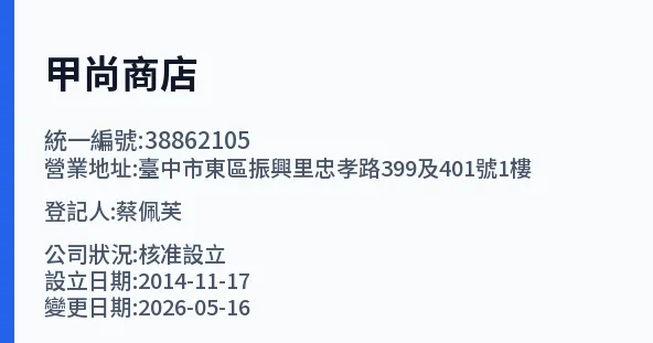 甲尚商店的照片-統編 38862105(臺中市) 公司登記資料與營業項目詳細圖表