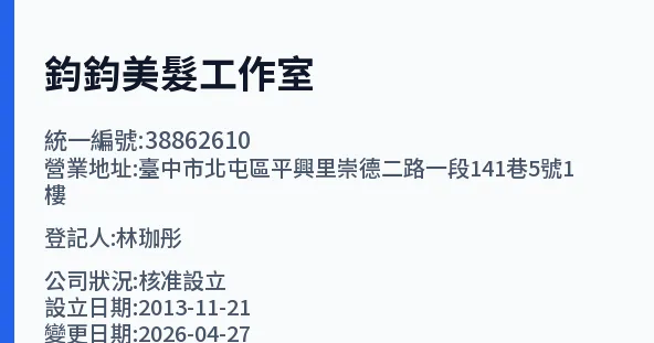 鈞鈞美髮工作室的照片-統編 38862610(臺中市) 公司登記資料與營業項目詳細圖表