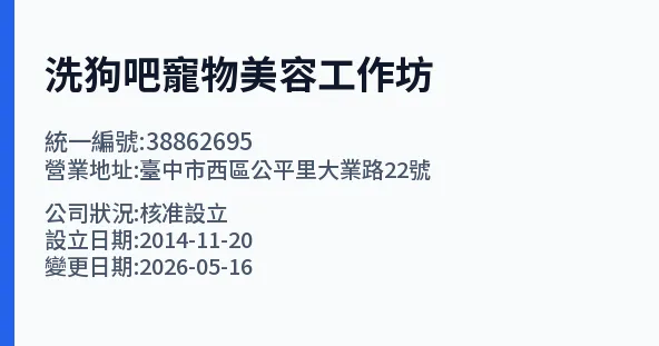 洗狗吧寵物美容工作坊的照片-統編 38862695(臺中市) 公司登記資料與營業項目詳細圖表