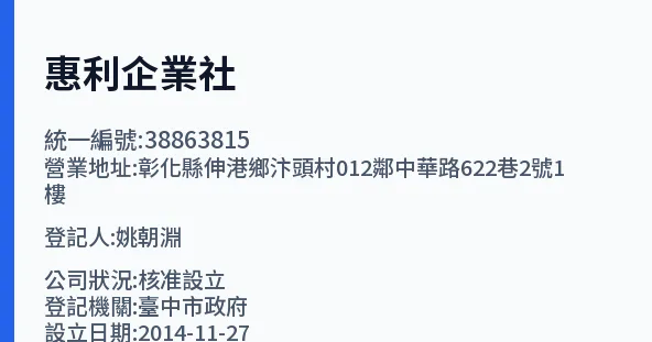 惠利企業社的照片-統編 38863815(彰化縣) 公司登記資料與營業項目詳細圖表