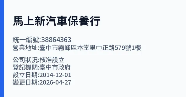 馬上新汽車保養行的照片-統編 38864363(臺中市) 公司登記資料與營業項目詳細圖表