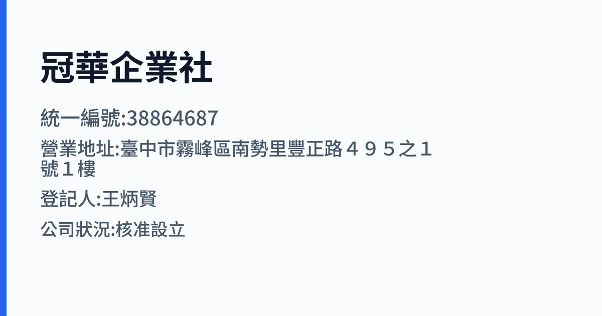 冠華企業社 - 統編 38864687(臺中市) 公司登記資料與營業項目詳細圖表