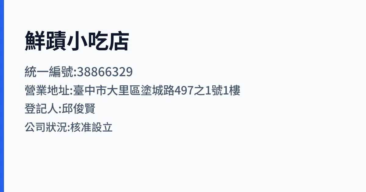 鮮蹟小吃店 - 統編 38866329(臺中市) 公司登記資料與營業項目詳細圖表