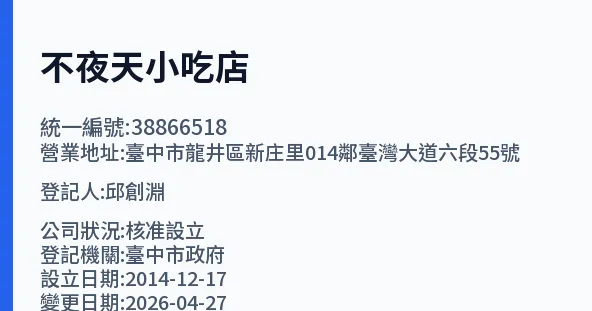 不夜天小吃店的照片-統編 38866518(臺中市) 公司登記資料與營業項目詳細圖表