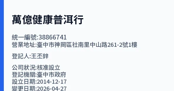 萬億健康普洱行的照片-統編 38866741(臺中市) 公司登記資料與營業項目詳細圖表