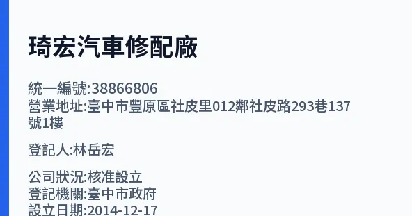 琦宏汽車修配廠的照片-統編 38866806(臺中市) 公司登記資料與營業項目詳細圖表
