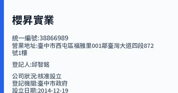 櫻昇實業的照片-統編 38866989(臺中市) 公司登記資料與營業項目詳細圖表