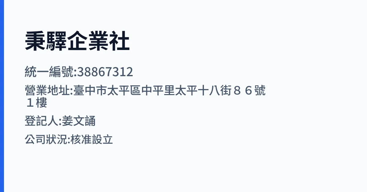 秉驛企業社 - 統編 38867312(臺中市) 公司登記資料與營業項目詳細圖表