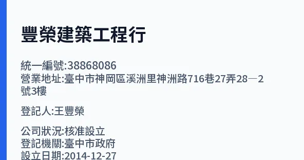 豐榮建築工程行的照片-統編 38868086(臺中市) 公司登記資料與營業項目詳細圖表