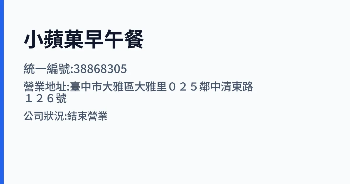 小蘋菓早午餐 - 統編 38868305(臺中市) 公司登記資料與營業項目詳細圖表