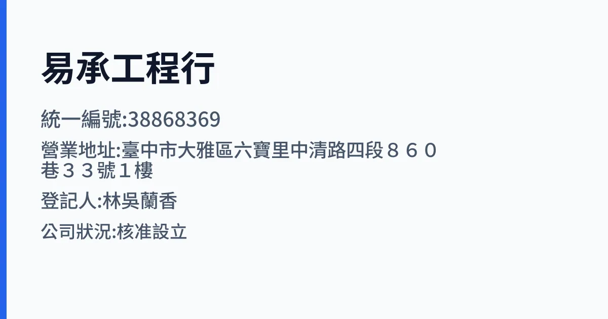 易承工程行 - 統編 38868369(臺中市) 公司登記資料與營業項目詳細圖表