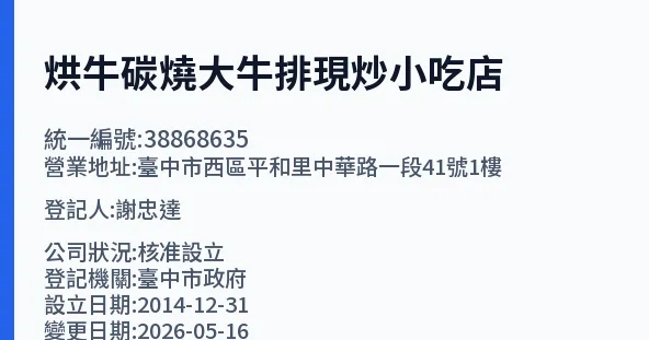 烘牛碳燒大牛排現炒小吃店的照片-統編 38868635(臺中市) 公司登記資料與營業項目詳細圖表
