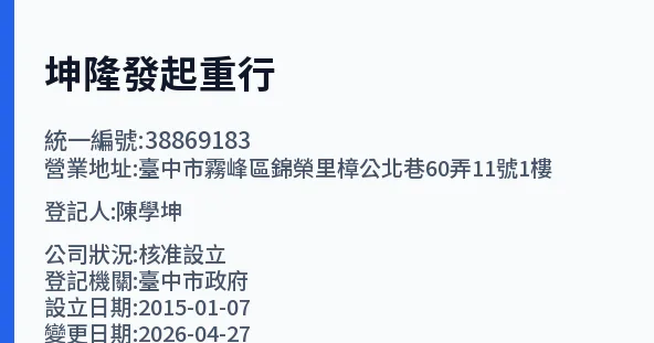 坤隆發起重行的照片-統編 38869183(臺中市) 公司登記資料與營業項目詳細圖表