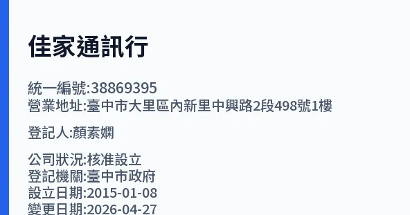 佳家通訊行的照片-統編 38869395(臺中市) 公司登記資料與營業項目詳細圖表