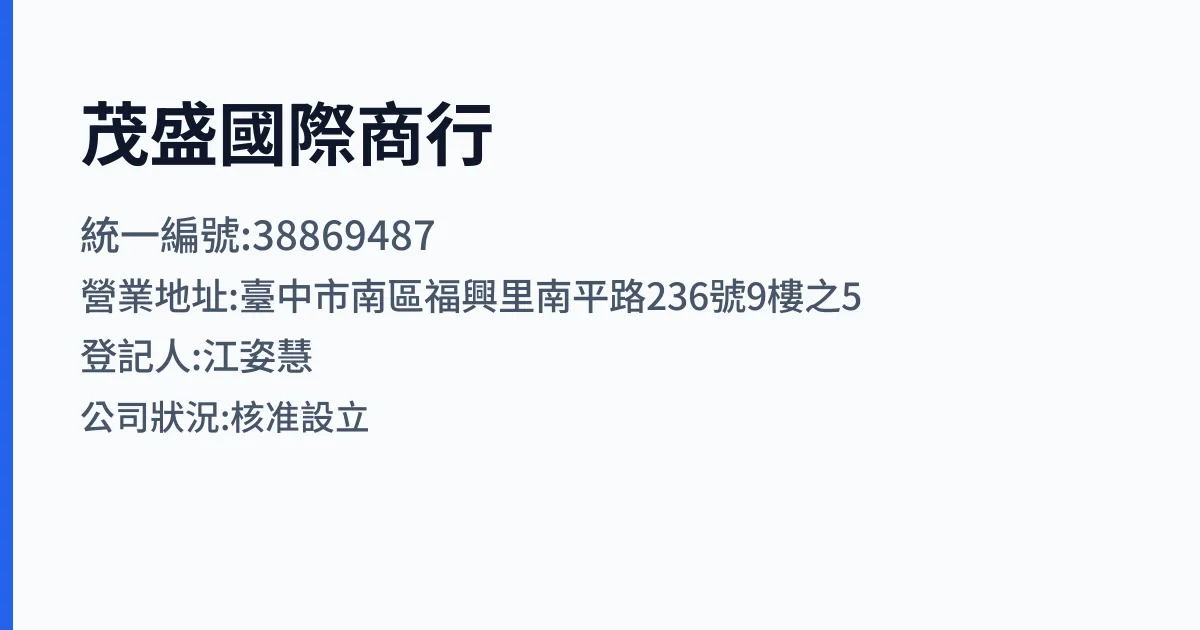 茂盛國際商行 - 統編 38869487(臺中市) 公司登記資料與營業項目詳細圖表