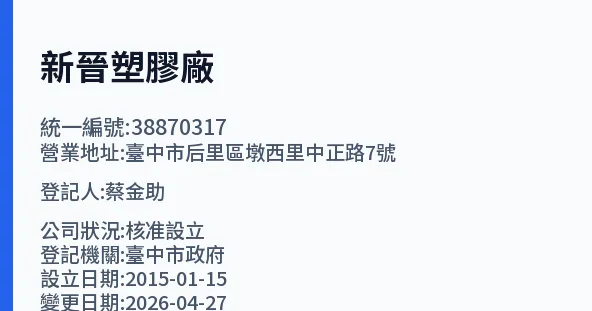 新晉塑膠廠的照片-統編 38870317(臺中市) 公司登記資料與營業項目詳細圖表