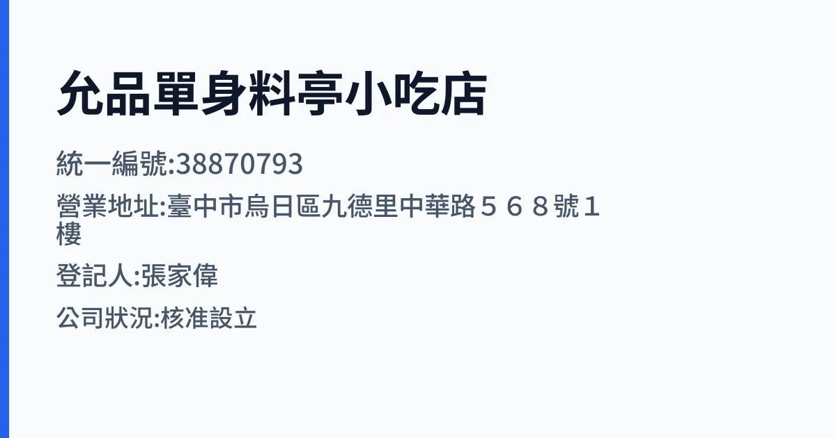 允品單身料亭小吃店 - 統編 38870793(臺中市) 公司登記資料與營業項目詳細圖表
