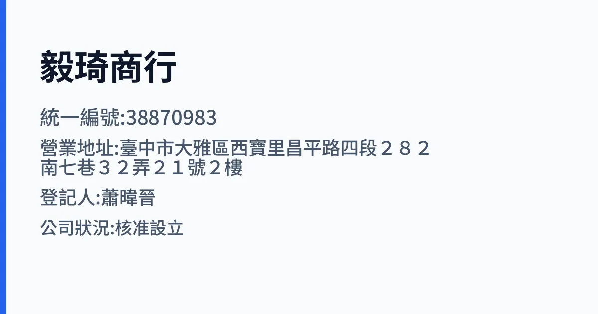 毅琦商行 - 統編 38870983(臺中市) 公司登記資料與營業項目詳細圖表