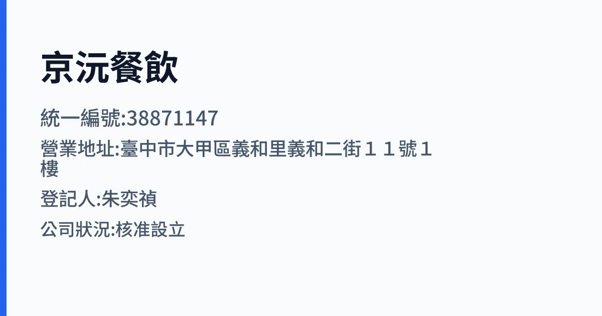 京沅餐飲 - 統編 38871147(臺中市) 公司登記資料與營業項目詳細圖表