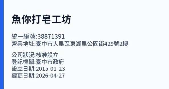 魚你打皂工坊的照片-統編 38871391(臺中市) 公司登記資料與營業項目詳細圖表