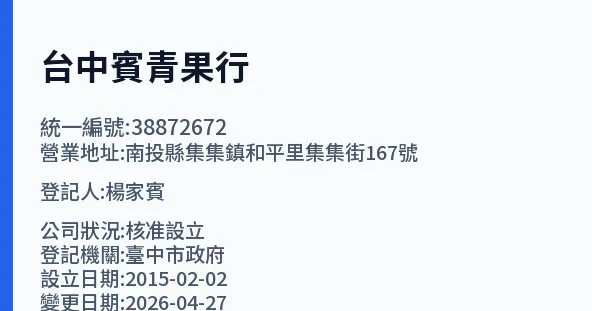 台中賓青果行的照片-統編 38872672(南投縣) 公司登記資料與營業項目詳細圖表
