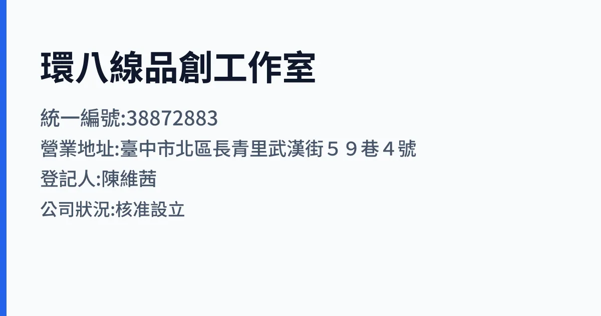 環八線品創工作室 - 統編 38872883(臺中市) 公司登記資料與營業項目詳細圖表