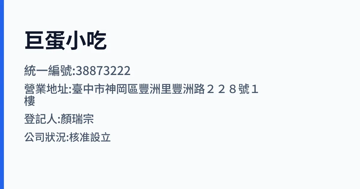 巨蛋小吃 - 統編 38873222(臺中市) 公司登記資料與營業項目詳細圖表