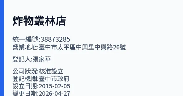 炸物叢林店的照片-統編 38873285(臺中市) 公司登記資料與營業項目詳細圖表