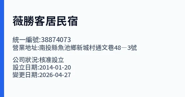 薇勝客居民宿的照片-統編 38874073(南投縣) 公司登記資料與營業項目詳細圖表