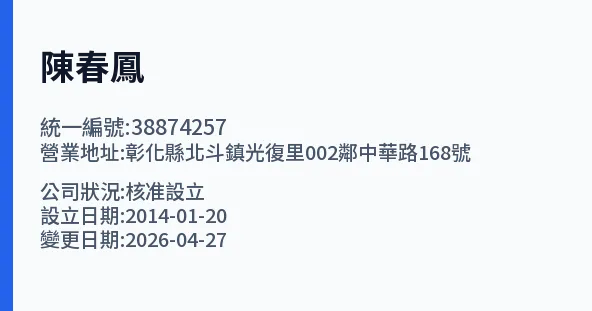陳春鳳的照片-統編 38874257(彰化縣) 公司登記資料與營業項目詳細圖表