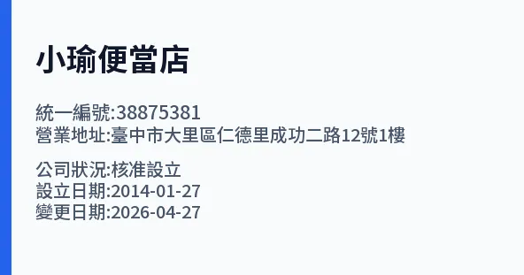 小瑜便當店的照片-統編 38875381(臺中市) 公司登記資料與營業項目詳細圖表