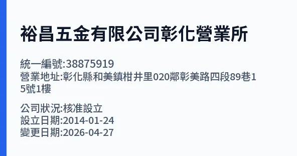 裕昌五金有限公司彰化營業所的照片-統編 38875919(彰化縣) 公司登記資料與營業項目詳細圖表