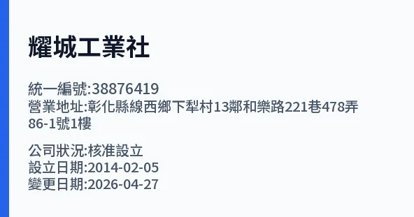 耀城工業社的照片-統編 38876419(彰化縣) 公司登記資料與營業項目詳細圖表