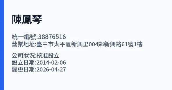 陳鳳琴的照片-統編 38876516(臺中市) 公司登記資料與營業項目詳細圖表
