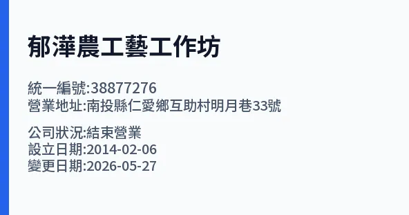 郁澕農工藝工作坊的照片-統編 38877276(南投縣) 公司登記資料與營業項目詳細圖表