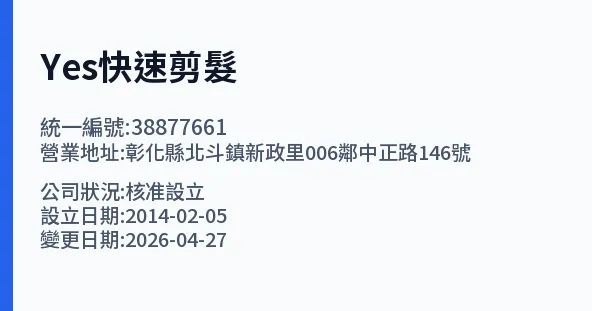 Yes快速剪髮的照片-統編 38877661(彰化縣) 公司登記資料與營業項目詳細圖表