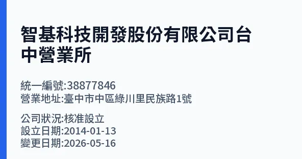 智基科技開發股份有限公司台中營業所的照片-統編 38877846(臺中市) 公司登記資料與營業項目詳細圖表