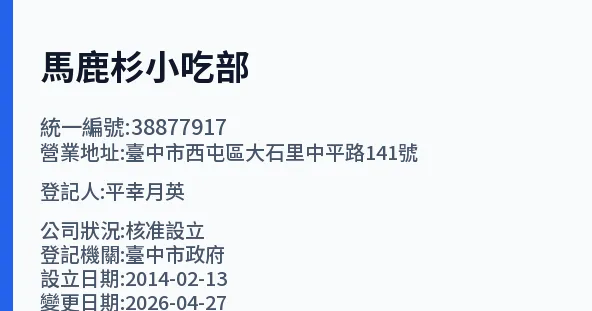 馬鹿杉小吃部的照片-統編 38877917(臺中市) 公司登記資料與營業項目詳細圖表