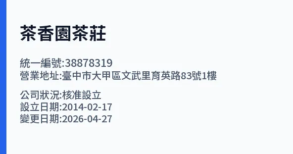 茶香園茶莊的照片-統編 38878319(臺中市) 公司登記資料與營業項目詳細圖表