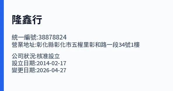 隆鑫行的照片-統編 38878824(彰化縣) 公司登記資料與營業項目詳細圖表