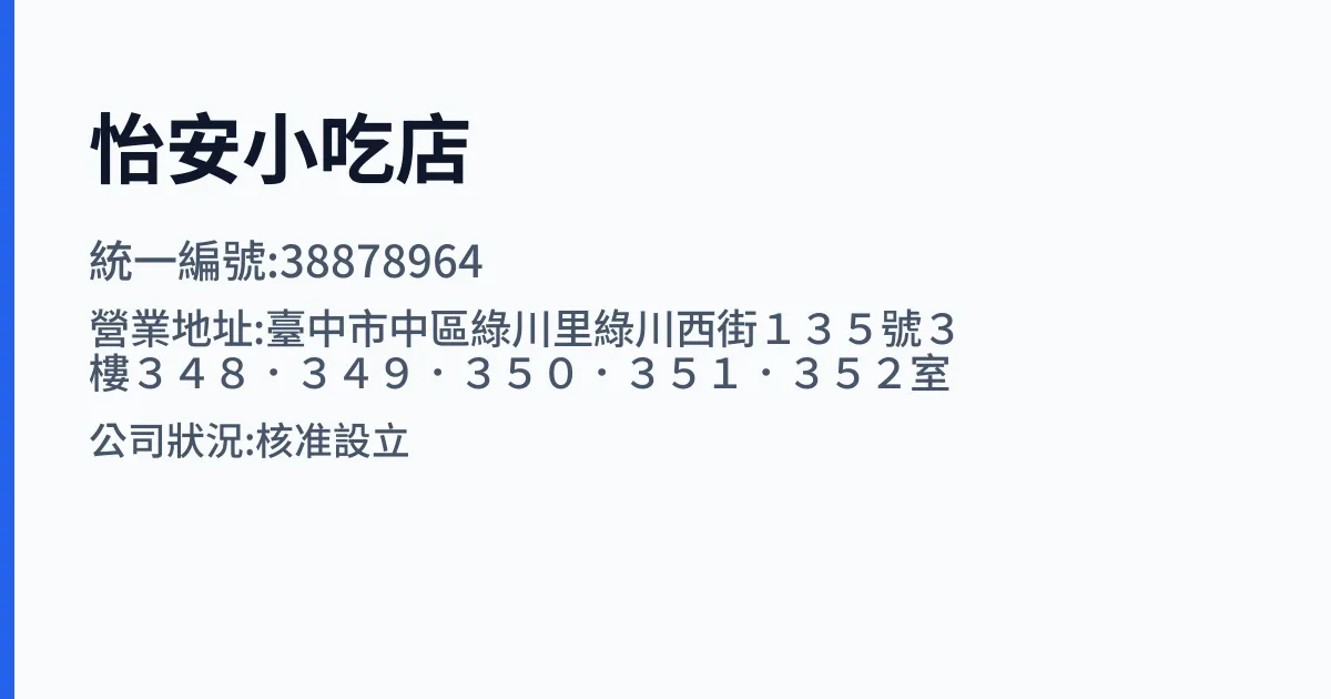 怡安小吃店 - 統編 38878964(臺中市) 公司登記資料與營業項目詳細圖表