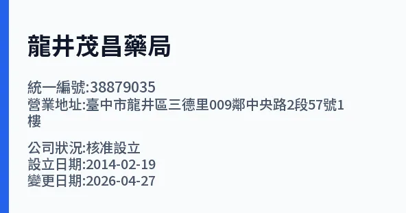 龍井茂昌藥局的照片-統編 38879035(臺中市) 公司登記資料與營業項目詳細圖表