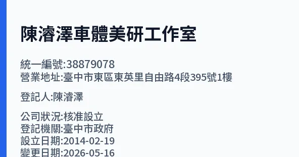 陳濬澤車體美研工作室的照片-統編 38879078(臺中市) 公司登記資料與營業項目詳細圖表
